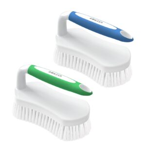 amazer scrub brush for cleaning comfort grip shower scrubber flexible stiff bristles with handle heavy duty cleaner brush for tub sink carpet floor - pack of 2 (blue+green)