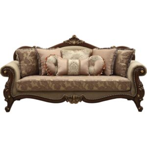 acme mehadi velvet upholstered sofa with 8 pillows in walnut