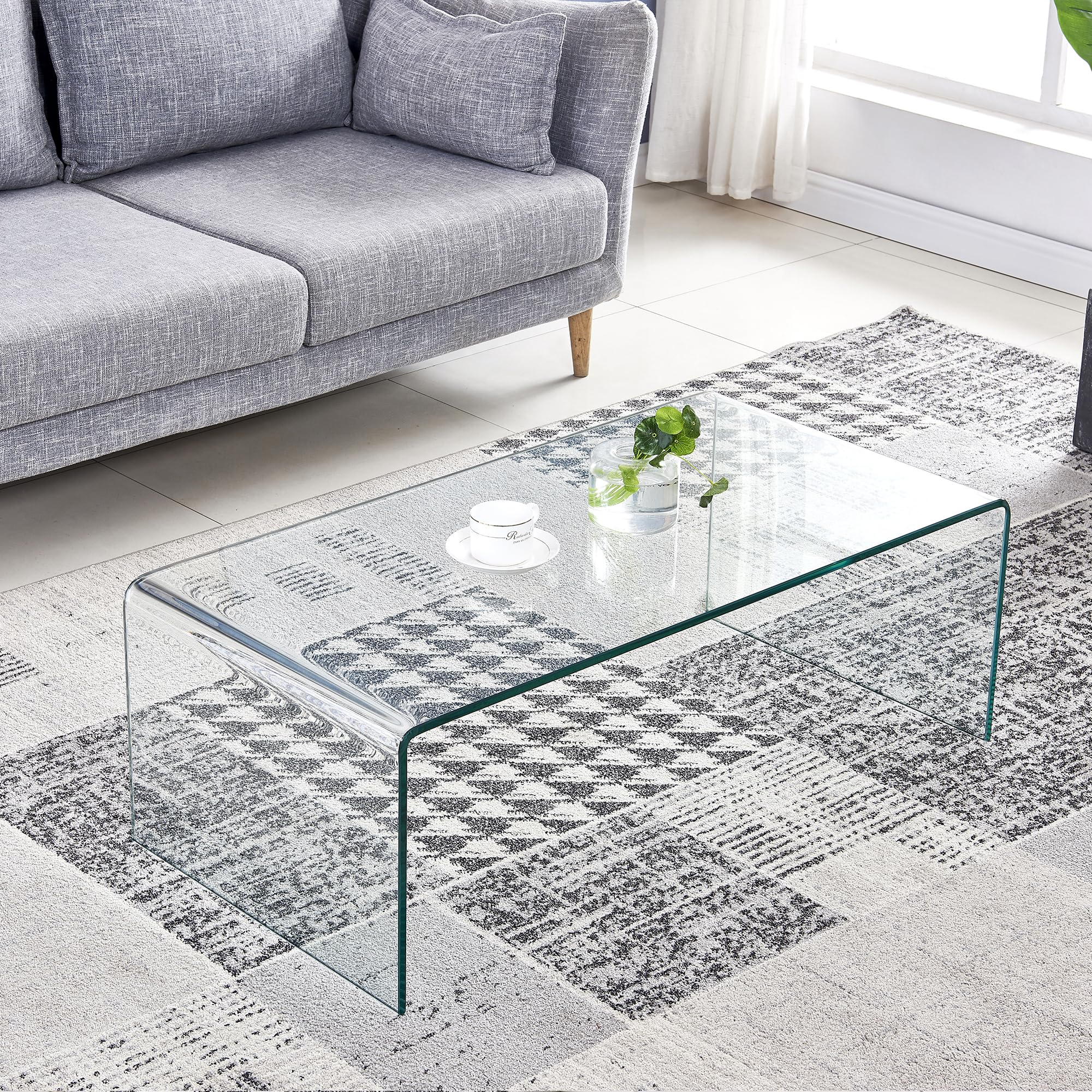 SMARTIK Glass Coffee Table, Modern Clear Tempered Glass Coffee Table for Living Room, Easy to Clean and Safe Rounded Edges (Medium 39.4" x 19.7" x 13.8")