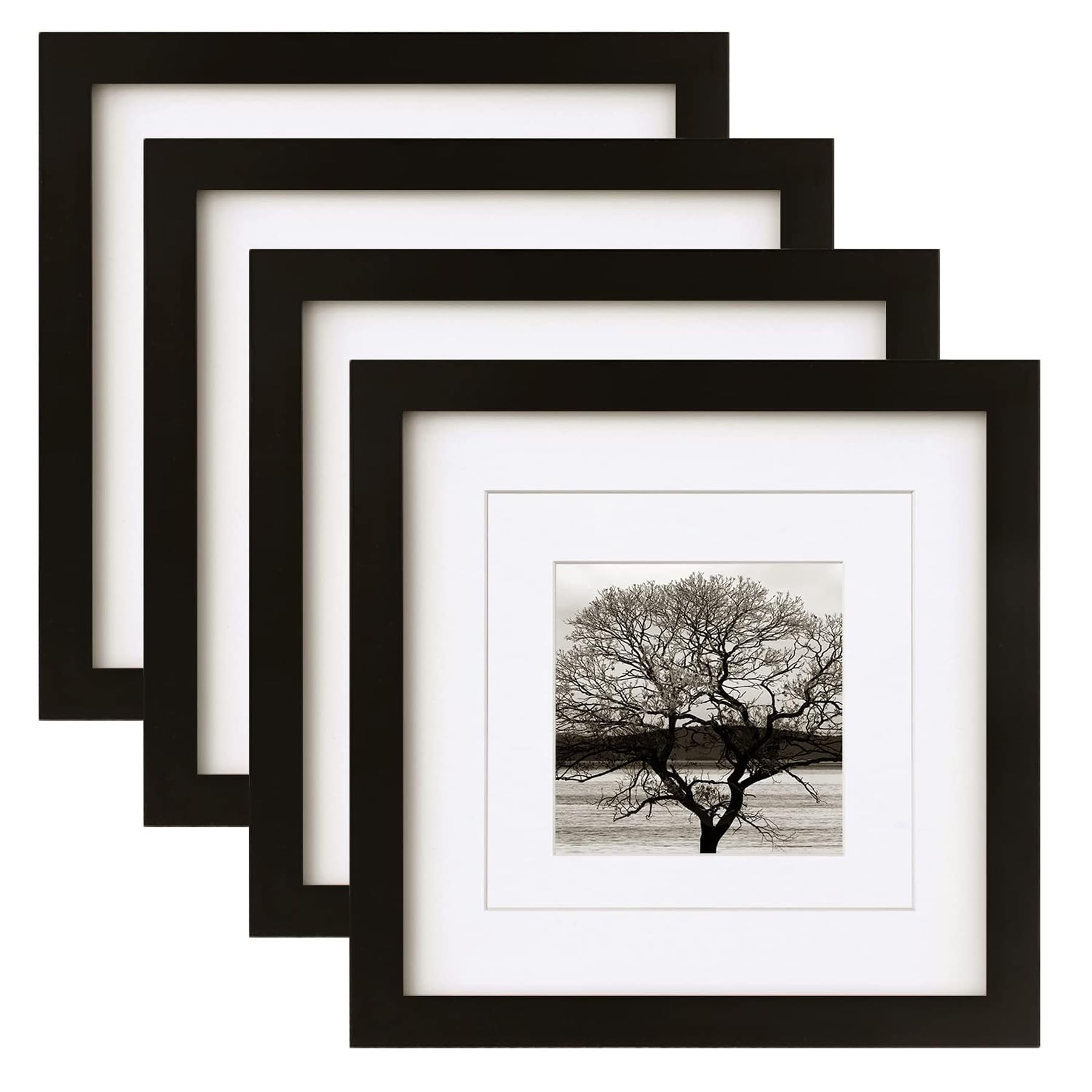 Egofine 8x8 Picture Frames 4 PCS - Made of Solid Wood Covered by Plexiglass Display 4x4/6x6 with Mat or 8x8 without Mat, for Table Top Display and Wall Mounting Photo Frame Black