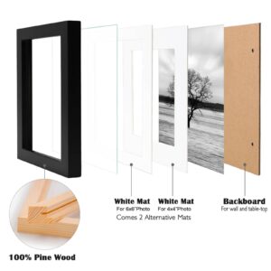 Egofine 8x8 Picture Frames 4 PCS - Made of Solid Wood Covered by Plexiglass Display 4x4/6x6 with Mat or 8x8 without Mat, for Table Top Display and Wall Mounting Photo Frame Black