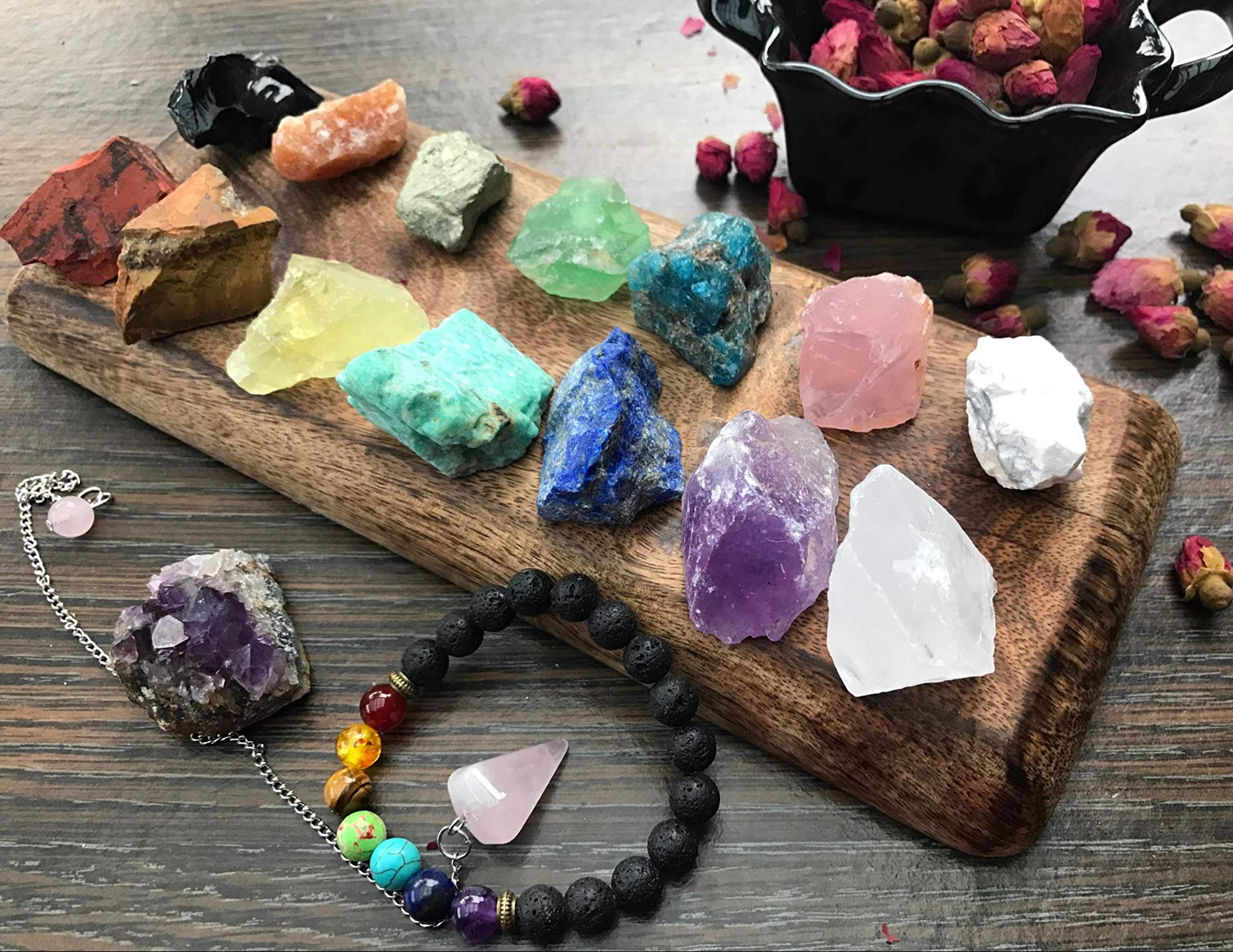 Chakra Therapy Starter Collection 17 pcs Healing Crystals kit, 7 Raw Chakra Stones,7 Colorful Gemstones, Amethyst,Rose Quartz Pendulum,Chakra Lava Bracelet,Dry Roses,Guide,COA,Gift Ready