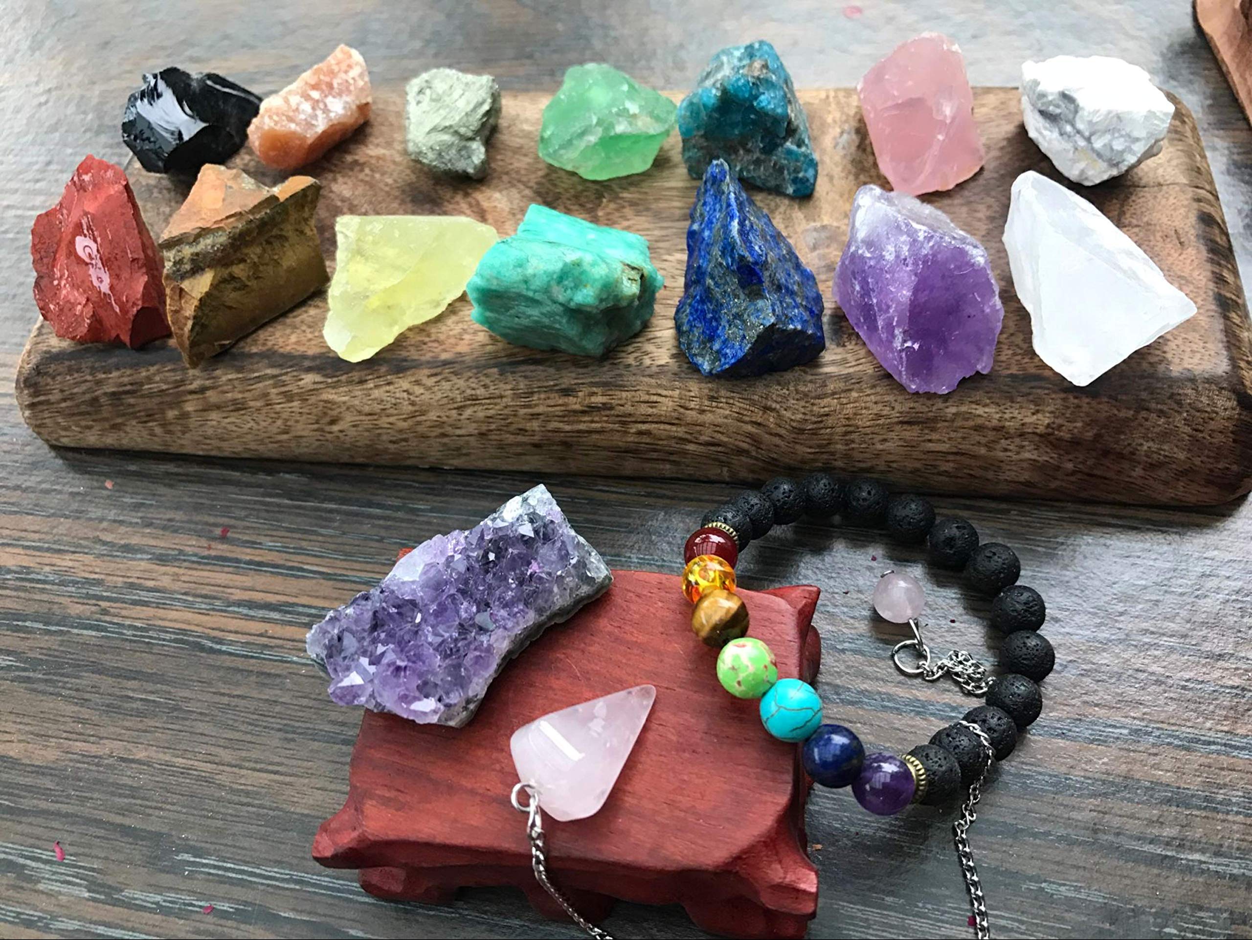 Chakra Therapy Starter Collection 17 pcs Healing Crystals kit, 7 Raw Chakra Stones,7 Colorful Gemstones, Amethyst,Rose Quartz Pendulum,Chakra Lava Bracelet,Dry Roses,Guide,COA,Gift Ready