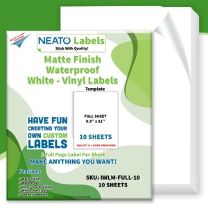 custom printable matte vinyl stickers (8.5" x 11") - waterproof, tear resistant full sheet label for inkjet & laser printers & all cutting machines - customizable blank white stickers - pack of 10