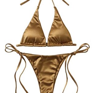 SOLY HUX Women's Metallic Halter Top Two Piece Swimsuit Tie Side Triangle Thong Bikini Bathing Swimwear Gold M