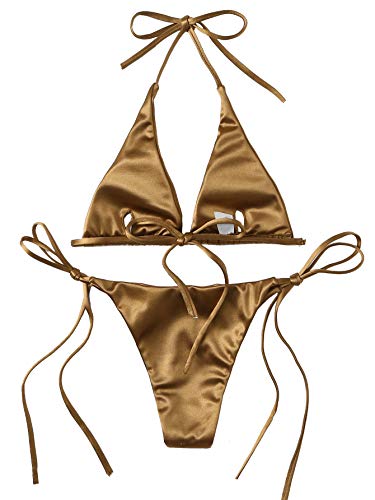 SOLY HUX Women's Metallic Halter Top Two Piece Swimsuit Tie Side Triangle Thong Bikini Bathing Swimwear Gold M