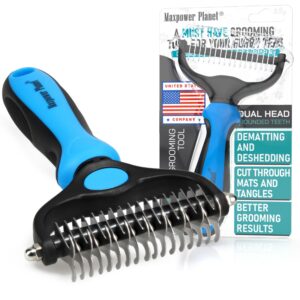 maxpower planet pet grooming rake - double sided shedding, dematting undercoat rake for dogs, cats - extra wide dog grooming brush, dog brush for shedding, cat brush, reduce shedding by 95%, blue