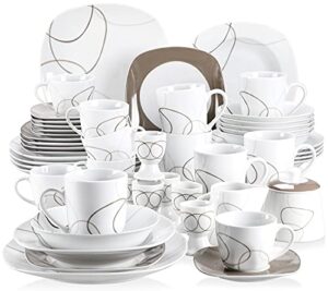 veweet, series nikita, 50-piece dinnerware sets for 6, including porcelain plates sets, bowls, mugs, egg cups, cup and saucer set, milk jug and sugar pot set, microwave and dishwasher safe