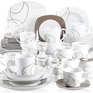 VEWEET, Series Nikita, 50-Piece Dinnerware Sets for 6, Including Porcelain Plates Sets, Bowls, Mugs, Egg Cups, Cup and Saucer Set, Milk Jug and Sugar Pot Set, Microwave and Dishwasher Safe