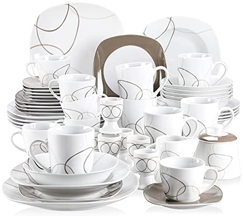 VEWEET, Series Nikita, 50-Piece Dinnerware Sets for 6, Including Porcelain Plates Sets, Bowls, Mugs, Egg Cups, Cup and Saucer Set, Milk Jug and Sugar Pot Set, Microwave and Dishwasher Safe