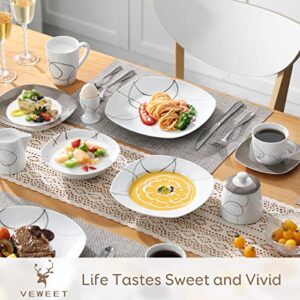 VEWEET, Series Nikita, 50-Piece Dinnerware Sets for 6, Including Porcelain Plates Sets, Bowls, Mugs, Egg Cups, Cup and Saucer Set, Milk Jug and Sugar Pot Set, Microwave and Dishwasher Safe