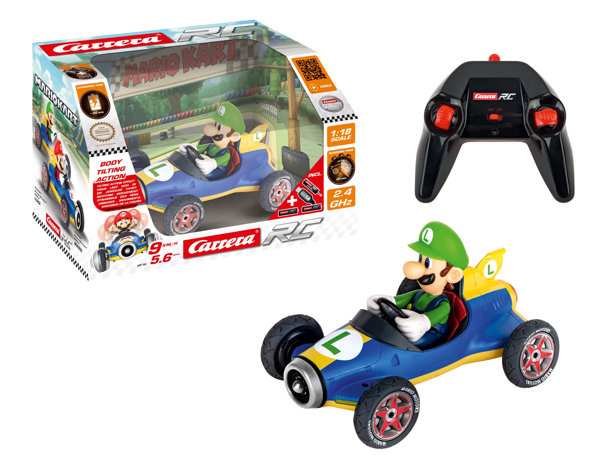 Carrera RC Official Licensed Mario Kart Mach 8 Luigi 1: 18 Scale 2.4 Ghz Remote Radio Control Car with Rechargeable Lifepo4 Battery - Kids Toys Boys/Girls, (Model: 181067)