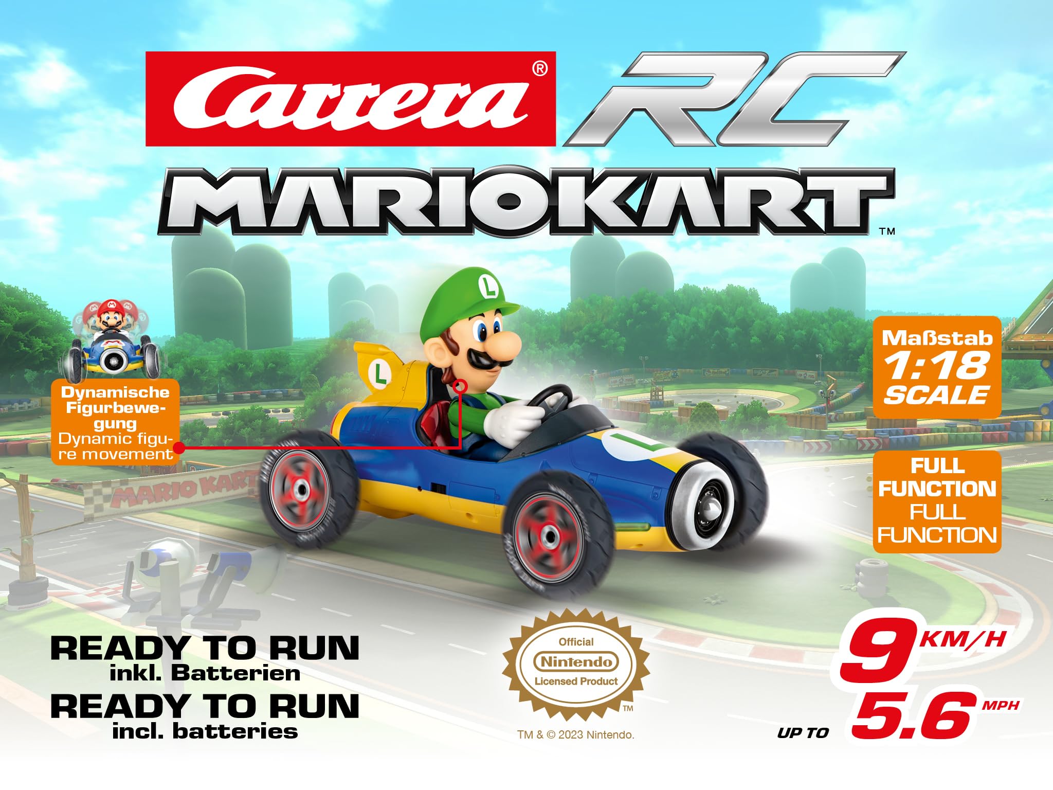 Carrera RC Official Licensed Mario Kart Mach 8 Luigi 1: 18 Scale 2.4 Ghz Remote Radio Control Car with Rechargeable Lifepo4 Battery - Kids Toys Boys/Girls, (Model: 181067)