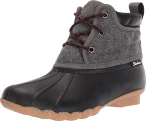 skechers women's pond-lil puddles-mid quilted lace up duck boot with waterproof outsole rain, black/charcoal, 6 m us