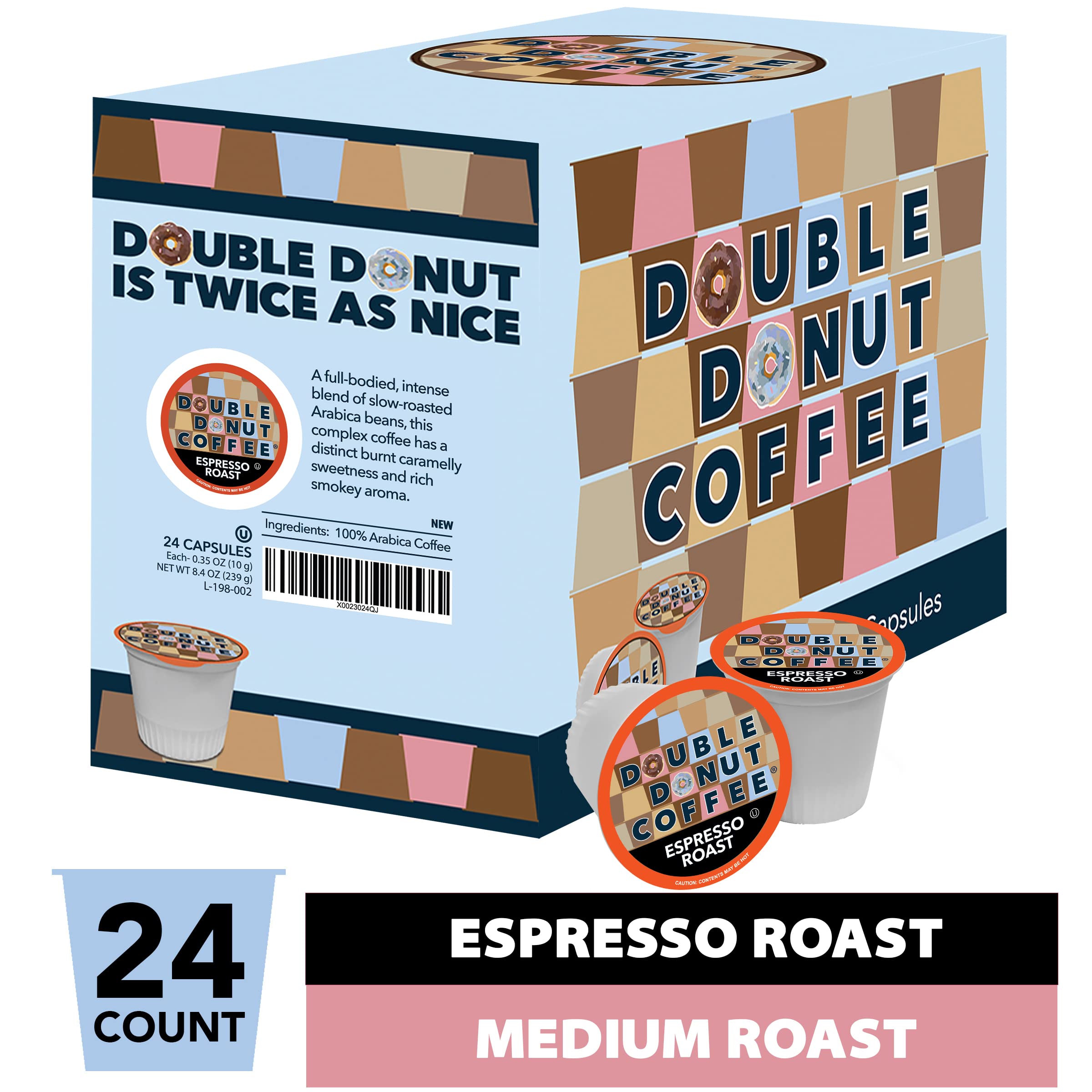 Double Donut Coffee Espresso Roast Blend in Recyclable Single Serve Espresso Pods for the Keurig K Cup Machine, 24 Count