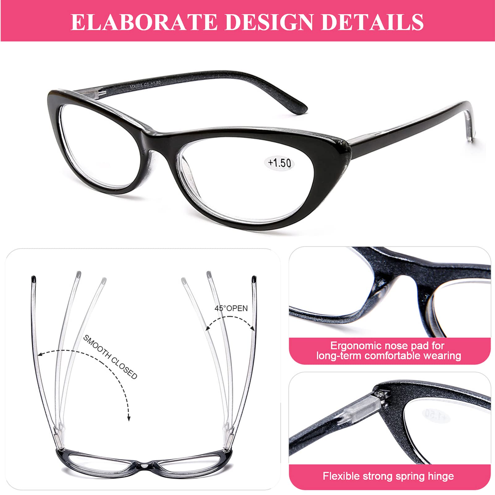 AQWANO Computer Reading Glasses Designer Blue Light Blocking Cat Eye Eyeglasses Readers Anti UV400 Digital Eyestrain for Women, 1.5