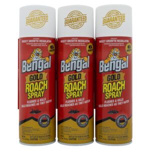 bengal gold roach spray, odorless stain-free dry aerosol killer spray with insect growth regulator, 3-count, 11 oz. aerosol cans