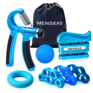 imenseas grip strength trainer 7 pack adjustable hand gripper, finger stretcher resistance extensor bands, finger exerciser, grip strength ring & stress ball, hand grip strengthener, blue