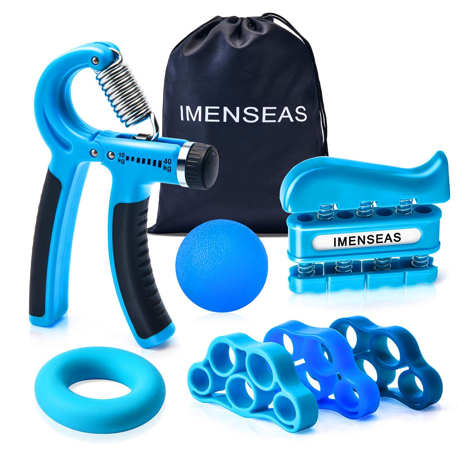 IMENSEAS Grip Strength Trainer 7 Pack Adjustable Hand Gripper, Finger Stretcher Resistance Extensor Bands, Finger Exerciser, Grip Strength Ring & Stress Ball, Hand Grip Strengthener, Blue