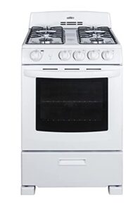 summit rg244ws 24"" freestanding gas range with 2.9 cu. ft. oven capacity electronic ignition high backguard broiler drawer continuous grates and safety brake system for oven racks in white