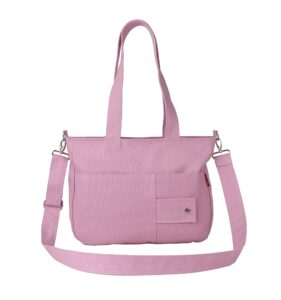 multiple pockets canvas shoulder tote bag for women crossbody detachable strap zipper closure candy pink