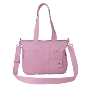 Multiple Pockets Canvas Shoulder Tote Bag for Women Crossbody Detachable Strap Zipper Closure Candy Pink