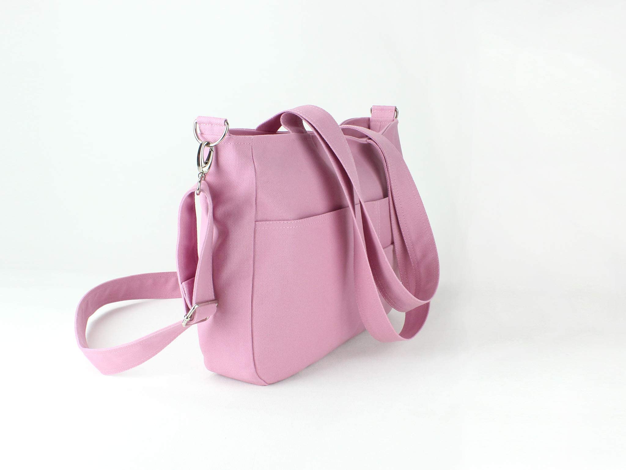 Multiple Pockets Canvas Shoulder Tote Bag for Women Crossbody Detachable Strap Zipper Closure Candy Pink