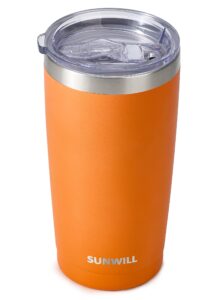 sunwill 20oz tumbler with lid, stainless steel vacuum insulated double wall travel tumbler, durable insulated coffee mug, powder coated orange, thermal cup with splash proof sliding lid