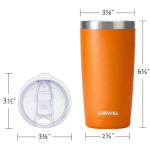 SUNWILL 20oz Tumbler with Lid, Stainless Steel Vacuum Insulated Double Wall Travel Tumbler, Durable Insulated Coffee Mug, Powder Coated Orange, Thermal Cup with Splash Proof Sliding Lid