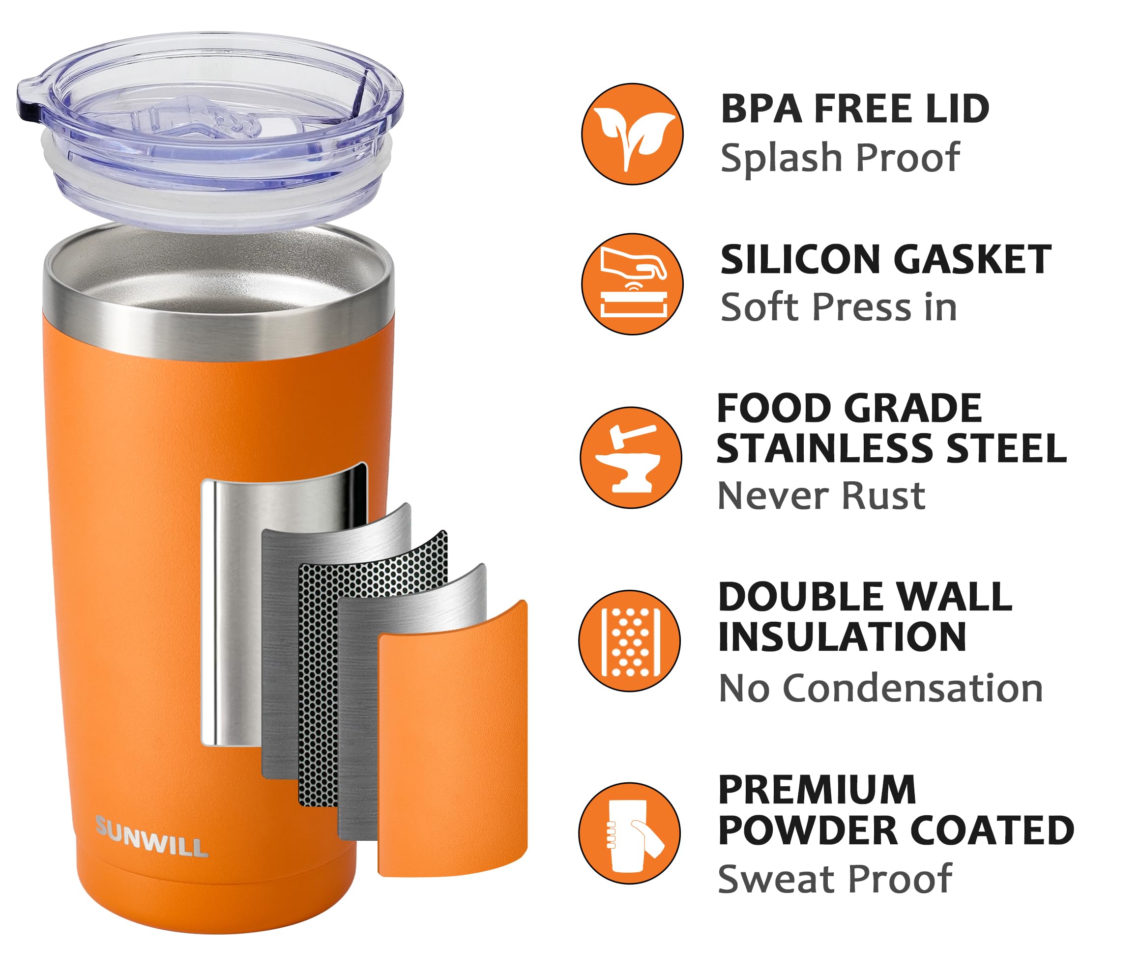 SUNWILL 20oz Tumbler with Lid, Stainless Steel Vacuum Insulated Double Wall Travel Tumbler, Durable Insulated Coffee Mug, Powder Coated Orange, Thermal Cup with Splash Proof Sliding Lid