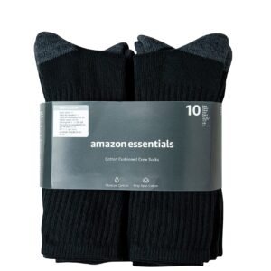 Amazon Essentials Men's Cotton Half Cushioned Crew Socks, 10 Pairs, Black, 6-12