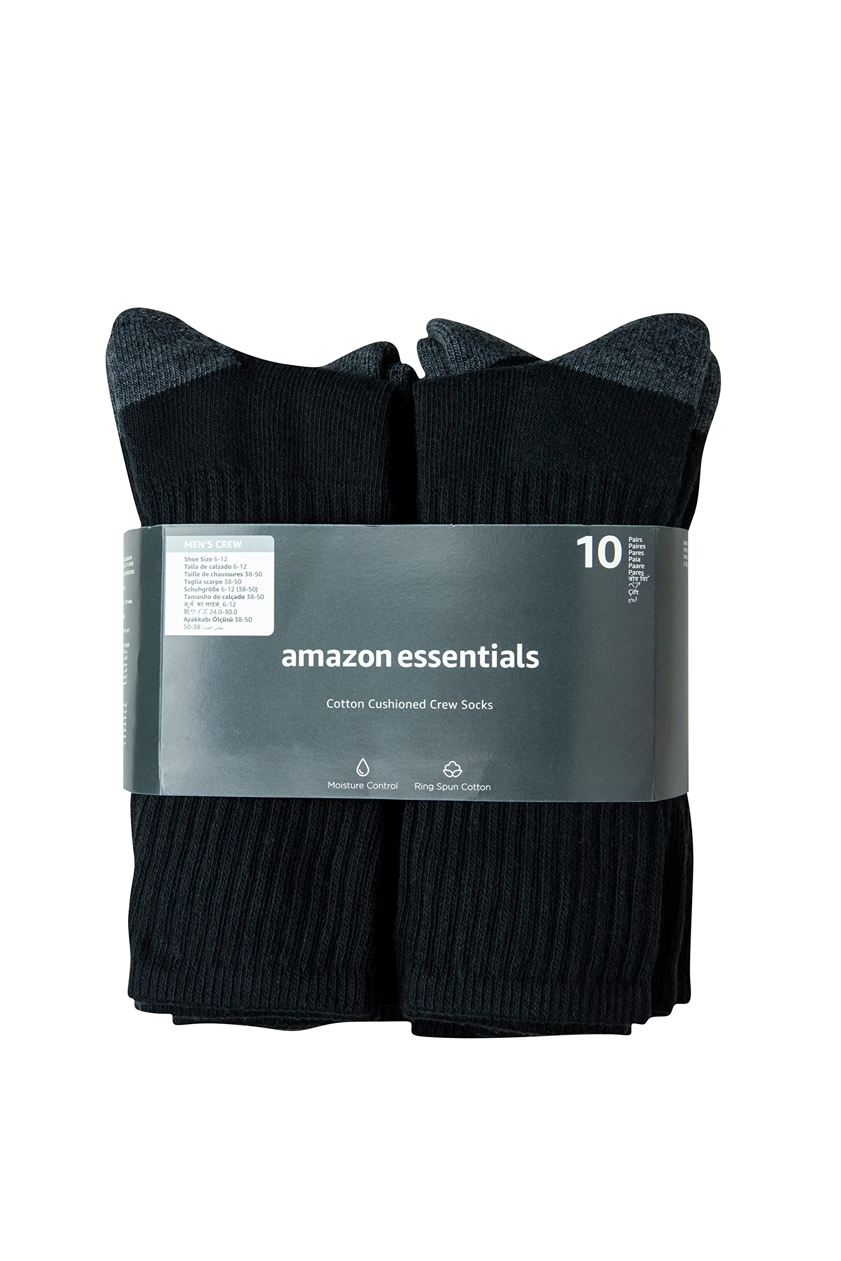 Amazon Essentials Men's Cotton Half Cushioned Crew Socks, 10 Pairs, Black, 6-12