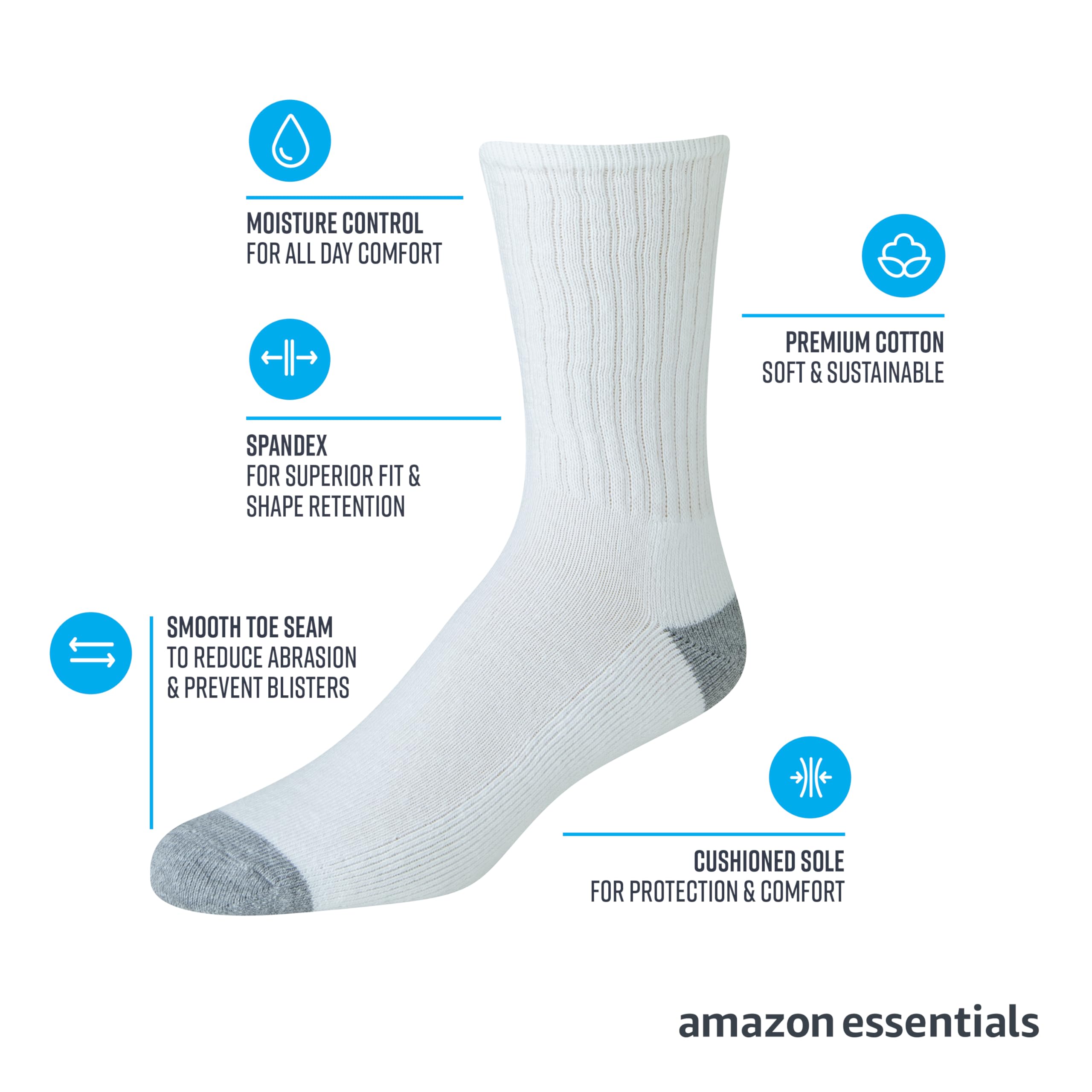 Amazon Essentials Men's Cotton Half Cushioned Crew Socks, 10 Pairs, Black, 6-12