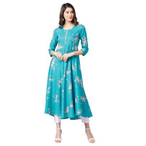 tissu women's rayon turquoise floral printed a-line kurta (1937_blue_s)