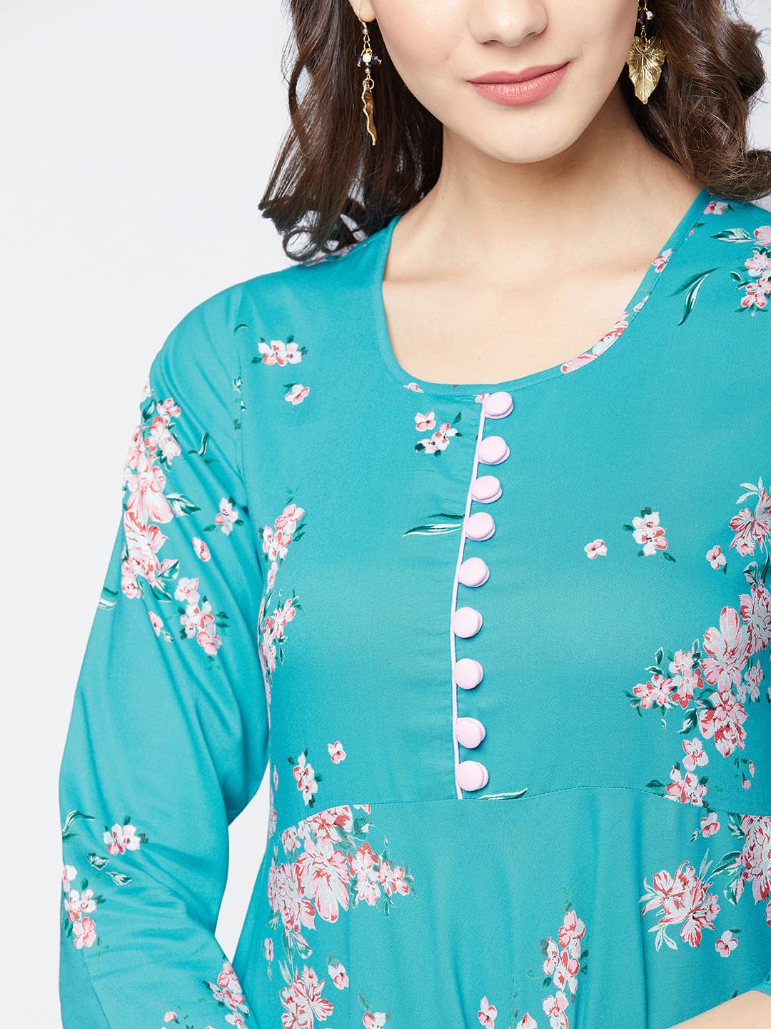 Tissu Women's Rayon Turquoise Floral Printed A-Line Kurta (1937_Blue_S)