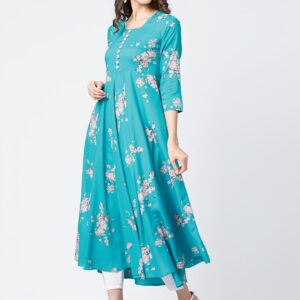 Tissu Women's Rayon Turquoise Floral Printed A-Line Kurta (1937_Blue_S)