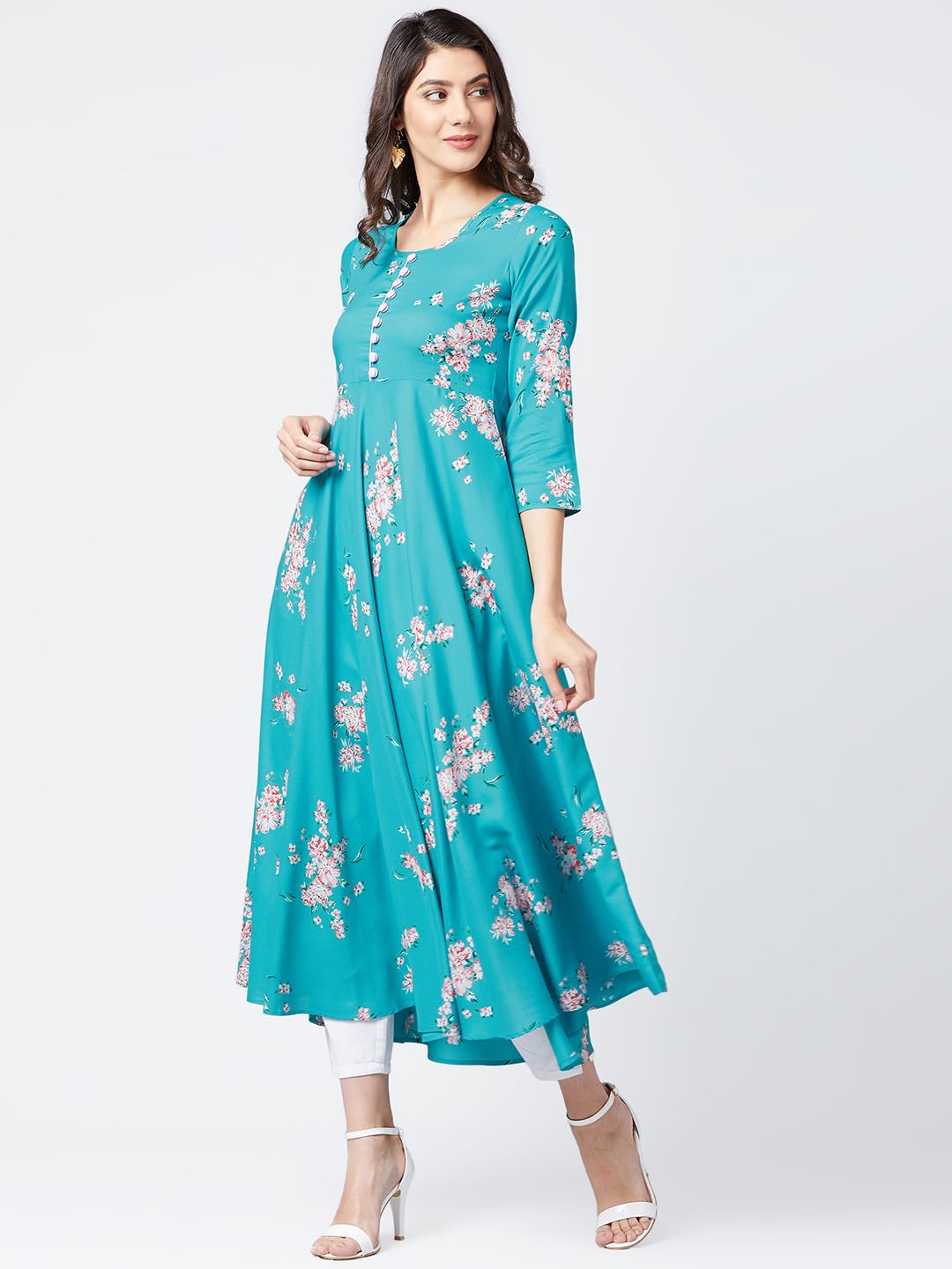 Tissu Women's Rayon Turquoise Floral Printed A-Line Kurta (1937_Blue_S)