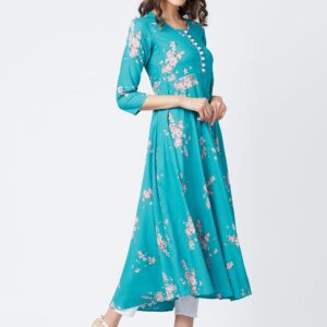 Tissu Women's Rayon Turquoise Floral Printed A-Line Kurta (1937_Blue_S)