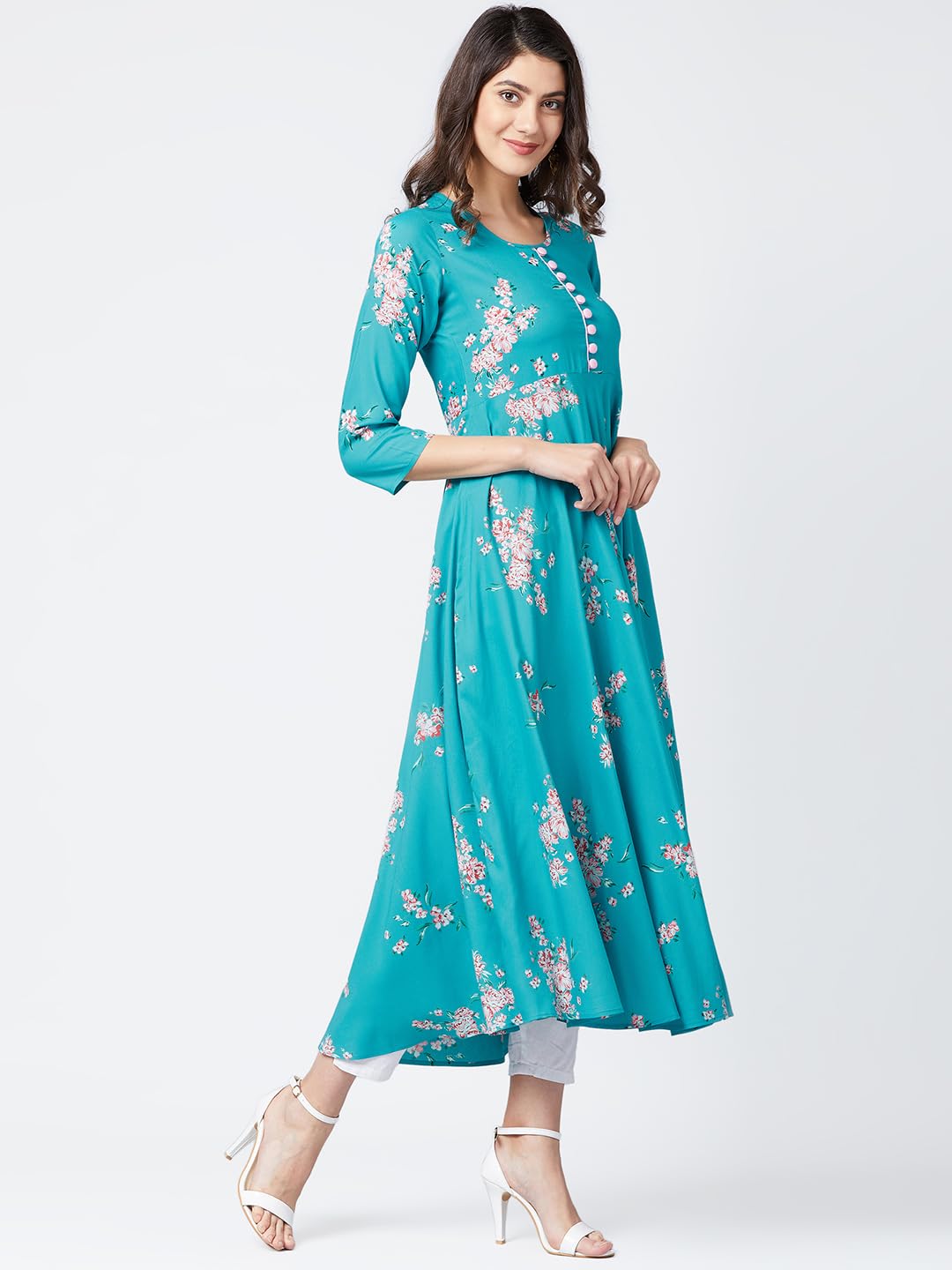 Tissu Women's Rayon Turquoise Floral Printed A-Line Kurta (1937_Blue_S)