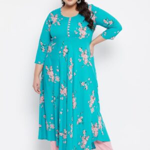 Tissu Women's Rayon Turquoise Floral Printed A-Line Kurta (1937_Blue_S)