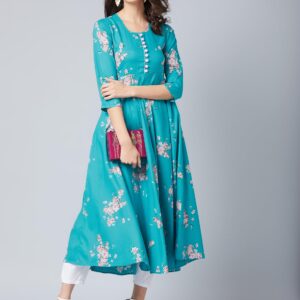 Tissu Women's Rayon Turquoise Floral Printed A-Line Kurta (1937_Blue_S)