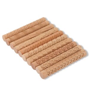 lzttyee set of 10 wooden handle pottery tools clay modeling pattern rollers kit brown (set of 10)