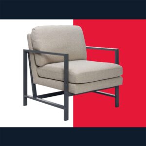 tommy hilfiger russell accentchair, medium-soft pillow back, mid-century modern & industrial armchair, comfortable loungechair for living room, bedroom, or office, gray square metal frame in linen