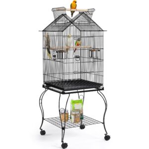 yaheetech 57-inch rolling open top roof bird cage for mid-sized parrots cockatiels caique quaker monk indian ring neck green cheek conure middle bird cage with detachable stand