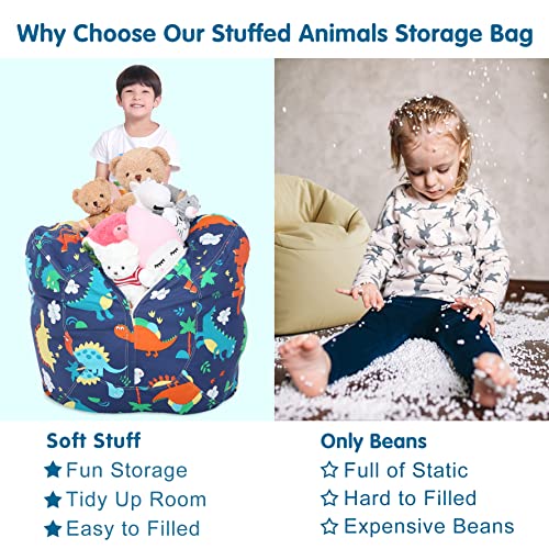 Lukeight Stuffed Animal Storage Bean Bag Chair Cover for Kids, Dinosaur Zipper Beanbag Chair Cover for Organizing Toddler & Kids' Rooms Plush Toys (Dinosaur, Large)