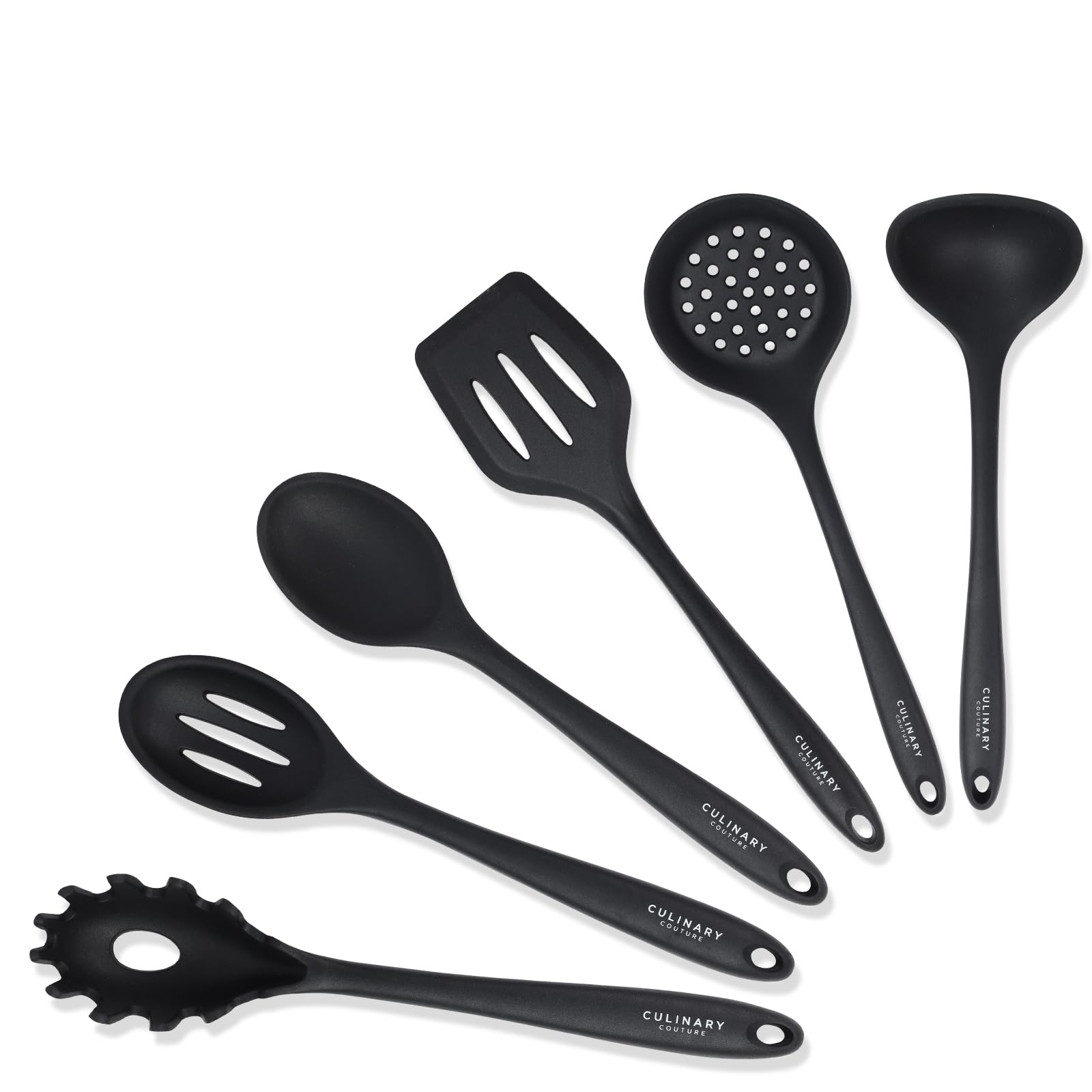 Culinary Couture Black Silicone Kitchen Utensils Set of 6, Non-Stick Heat-Resistant Silicone Kitchen Utensils Set with Steel Inner Core