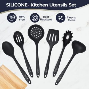 Culinary Couture Black Silicone Kitchen Utensils Set of 6, Non-Stick Heat-Resistant Silicone Kitchen Utensils Set with Steel Inner Core