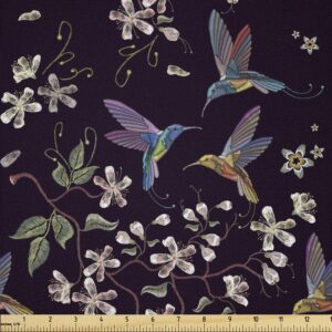 ambesonne cherry blossom fabric by the yard, flappy broad-tailed hummingbirds flying around white cherry blossom trees, microfiber fabric for arts and crafts textiles & decor, 1 yard, black