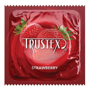 trustex strawberry + brass lunamax pocket case, flavored lubricated latex condoms-24 count