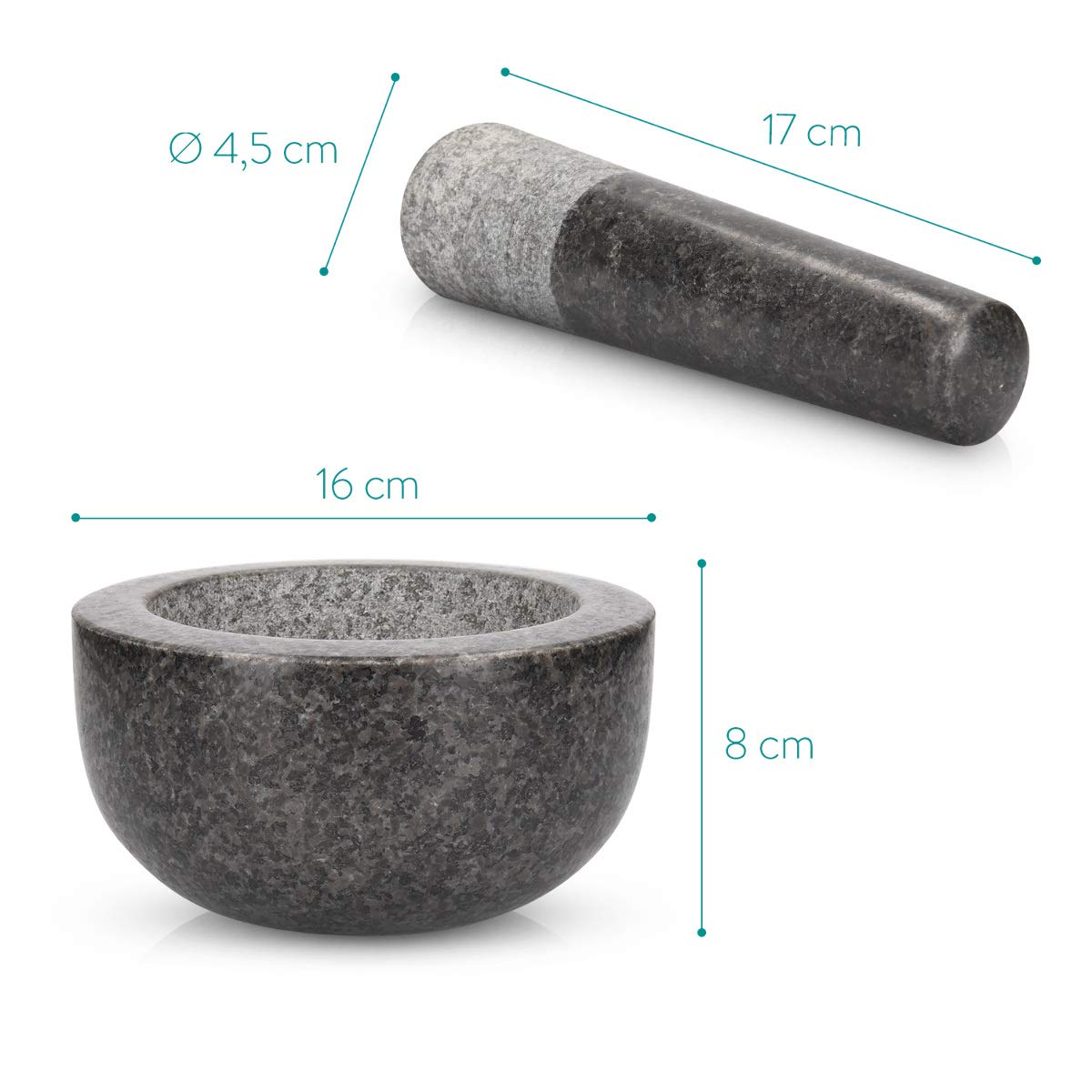 Navaris Mortar and Pestle Set - Large Natural Stone Granite Pestle and Mortar Bowl for Grinding Spice, Garlic, Nuts, Herbs, Pesto - 16cm Diameter